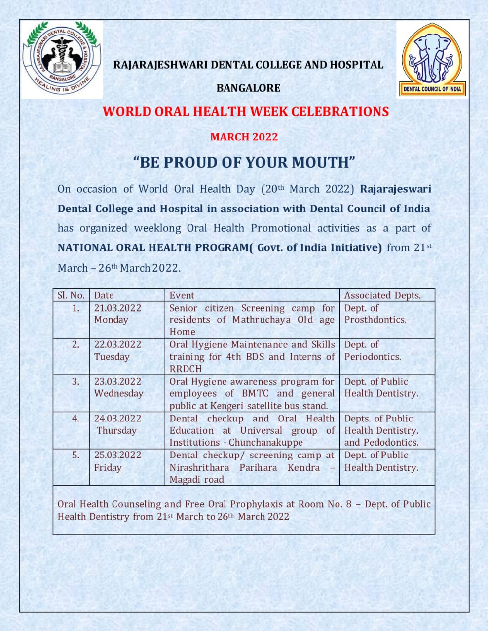 World Oral Health Week Celebrations | RajaRajeswari Dental College and ...
